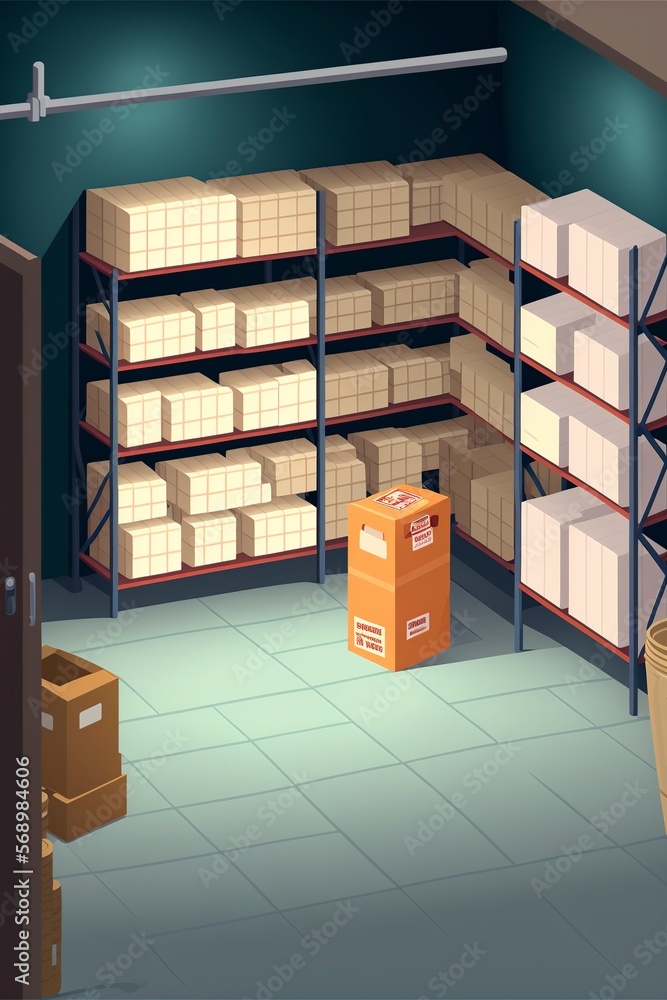 cartoon illustration, cold room in warehouse with cardboard boxes, ai ...