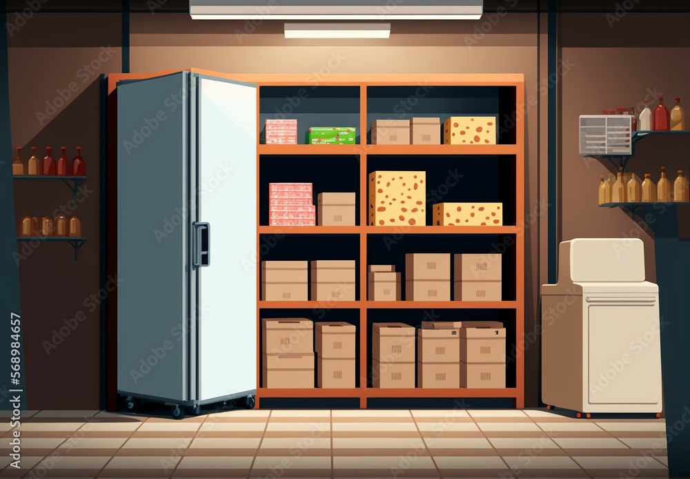 cartoon illustration, cold room in warehouse with cardboard boxes, ai ...