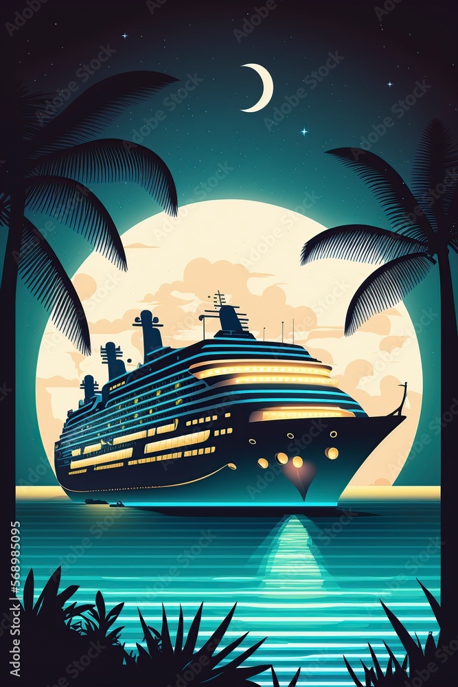 cartoon illustration, a cruise ship in the ocean at night, ai ...