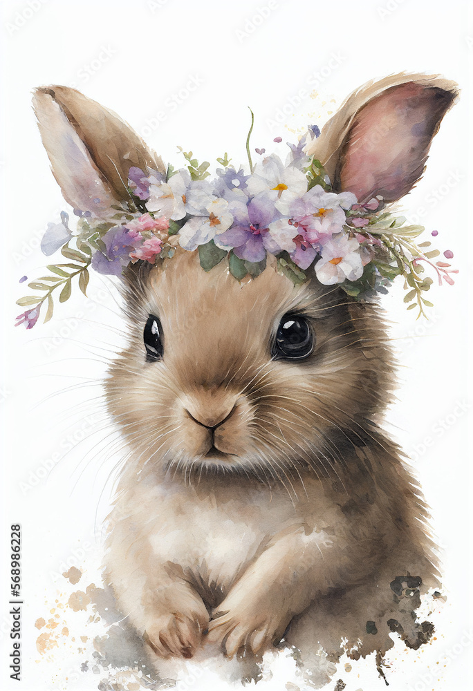 Beautiful watercolor rabbit baby portrait, with flowers crown. Cute ...
