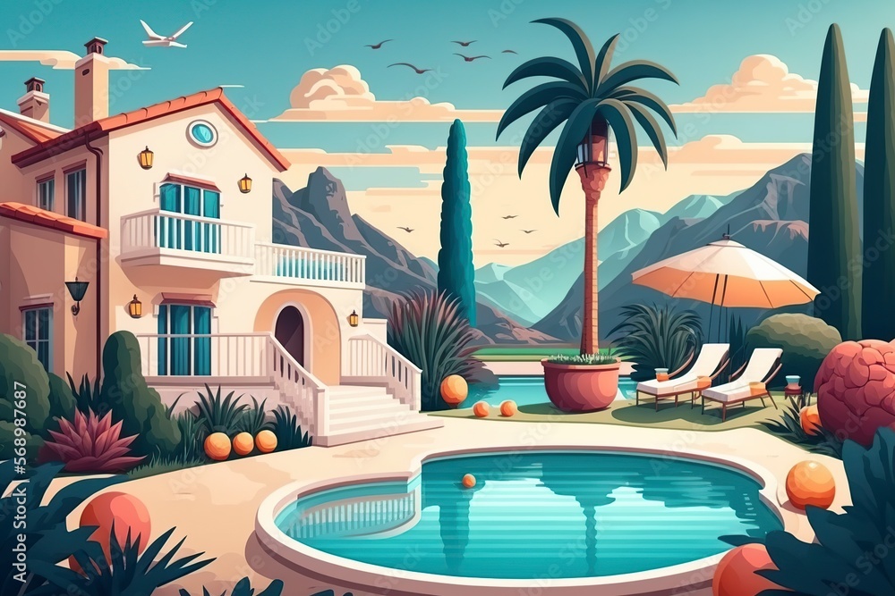 cartoon illustration, house and swimming pool with loungers by the pool ...