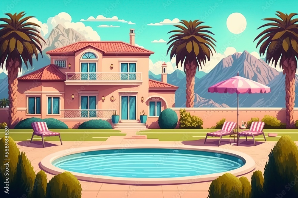 cartoon illustration, house and swimming pool with loungers by the pool ...