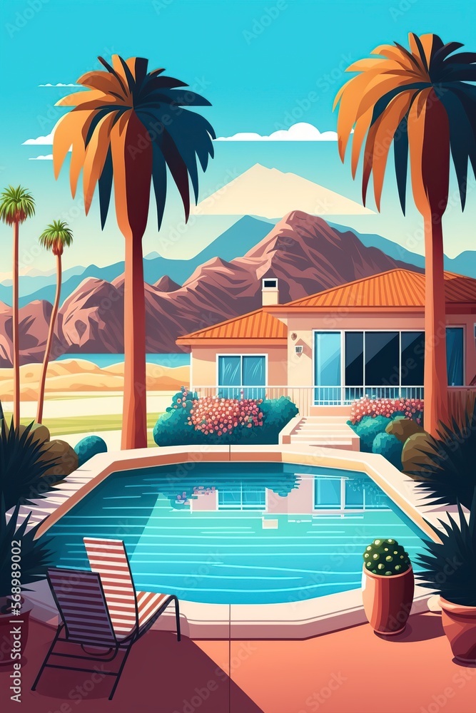 cartoon illustration, house and swimming pool with loungers by the pool ...