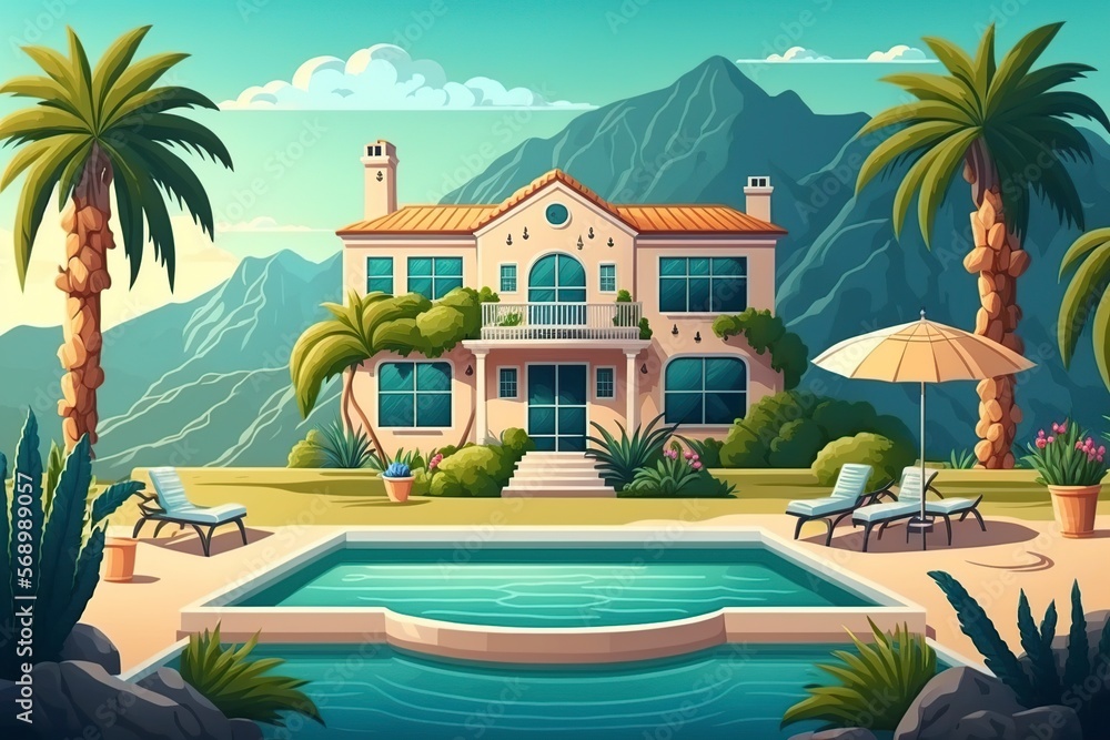 cartoon illustration, house and swimming pool with loungers by the pool ...