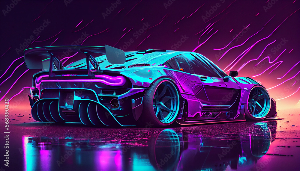 Rear view on sports car in purple neon colours. 80s vibe, cyberpunk ...