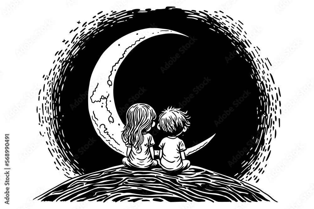 Boy Drawing In The Moon