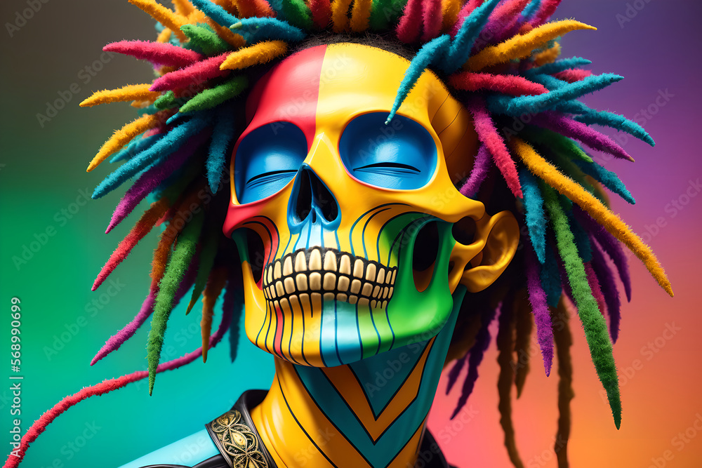 Painted human skull with colorful dreads, flowers and paint spashes, AI ...
