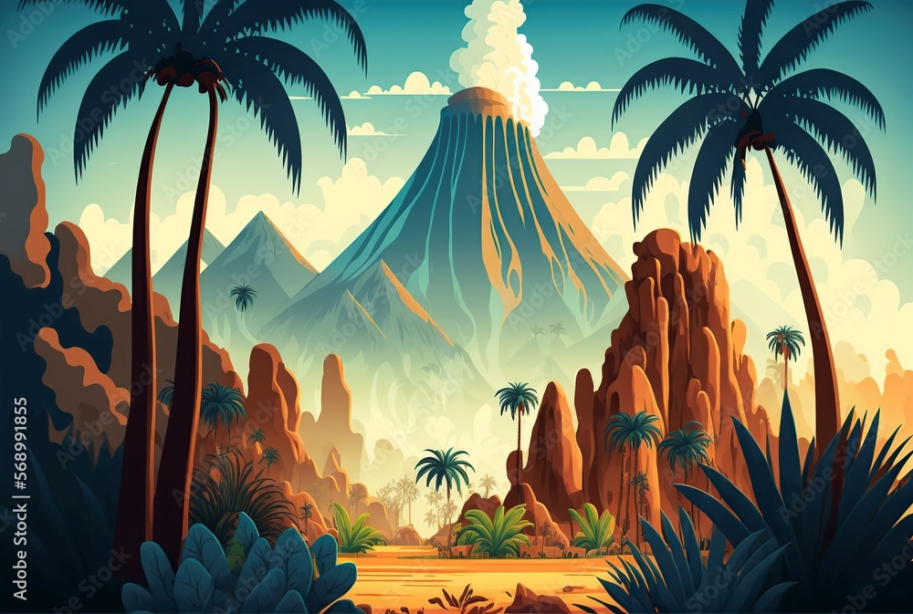 cartoon illustration, prehistoric landscape with volcano and tree, ai ...