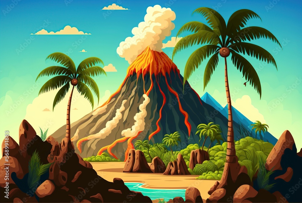 cartoon illustration, prehistoric landscape with volcano and tree, ai ...