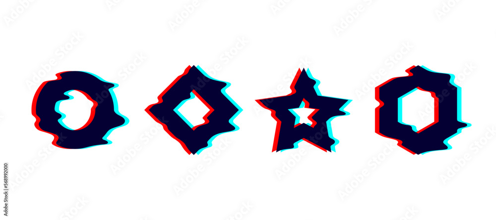 Glitched melted geometric shapes set. Distorted ring, square, star ...