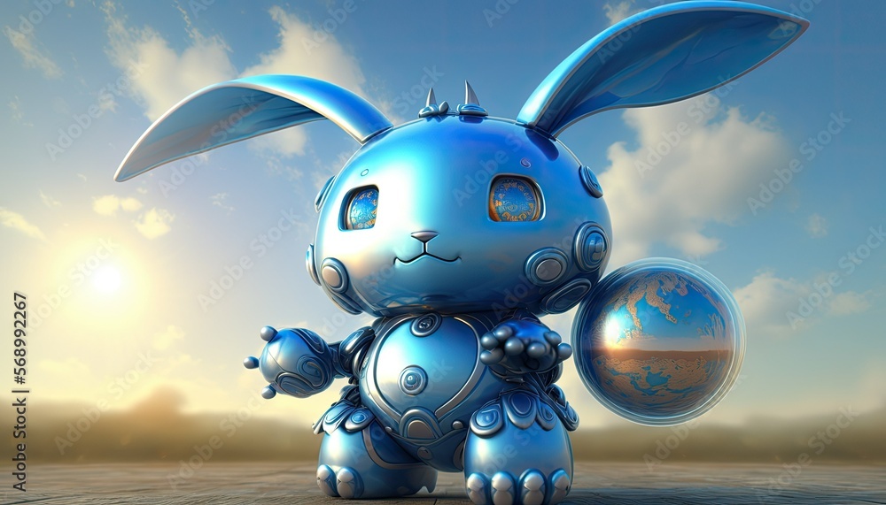 Cute 3D character, a giant blue rabbit robot character, looking at the ...