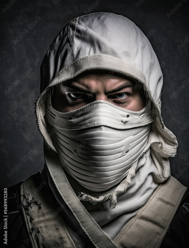 Ninja Portrait-Man in white ninja warrior clothing-black background ...