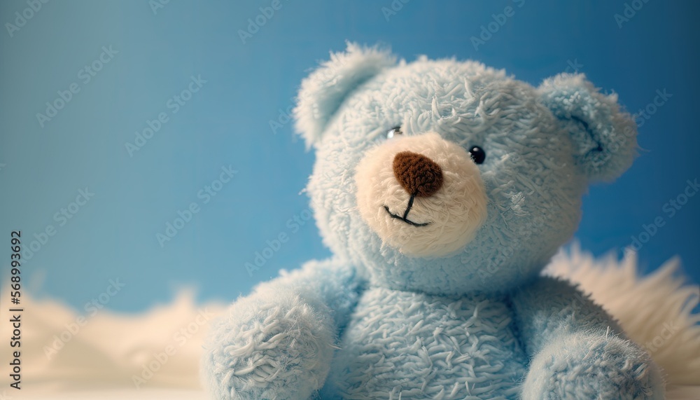 Baby blue teddy bear on light blue background. Soft cuddly stuffed ...