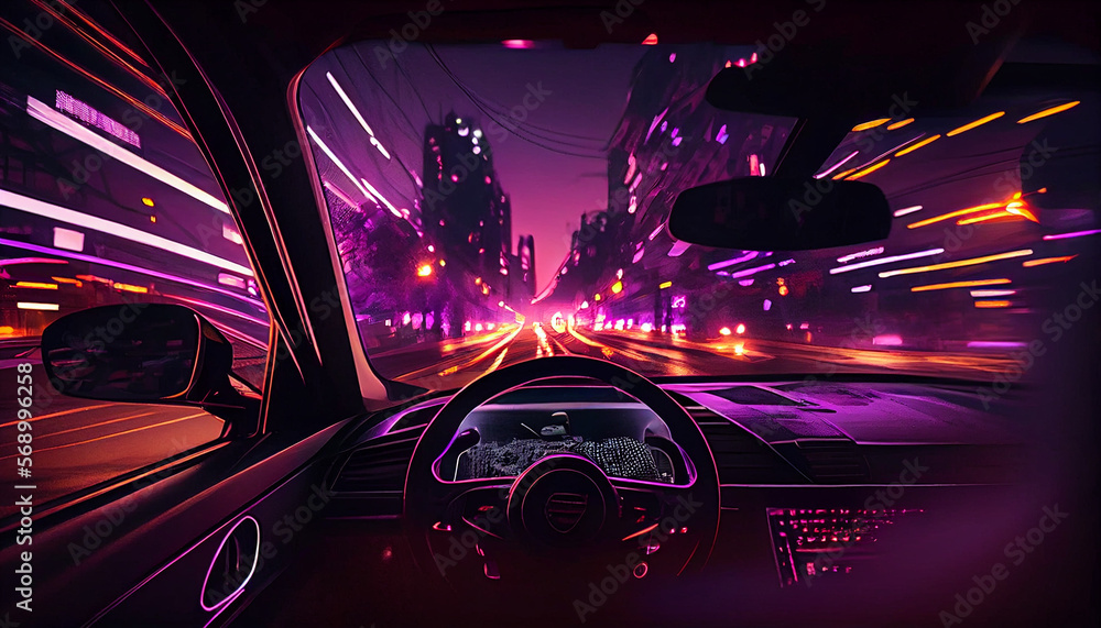 Driving in the night, futuristic synthwave car in purple neon colours ...