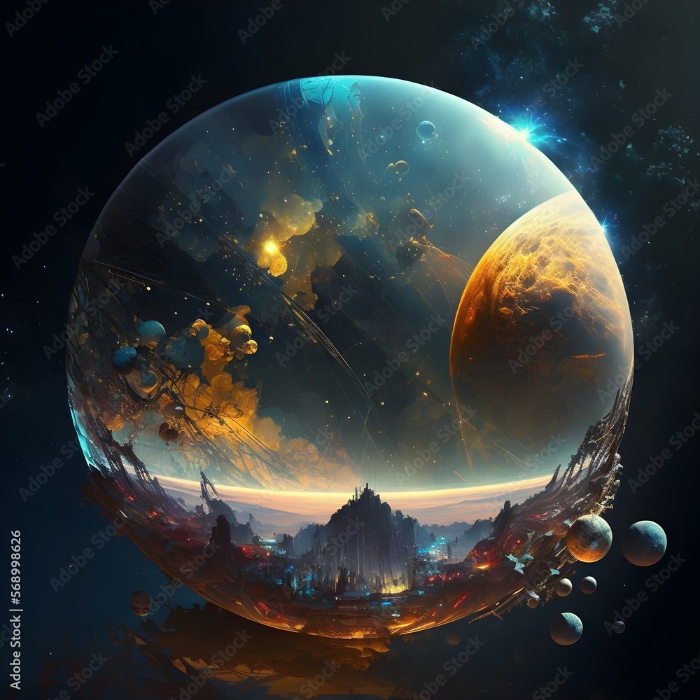 fantasy planet hyper detailed stars space air bubble age of sail ships ...