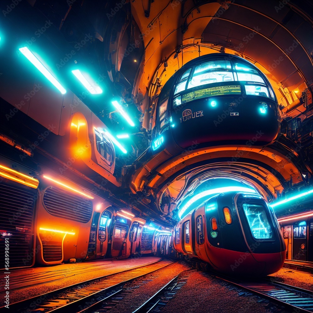 concept art of underground train tunnel in neon future city, generative ...