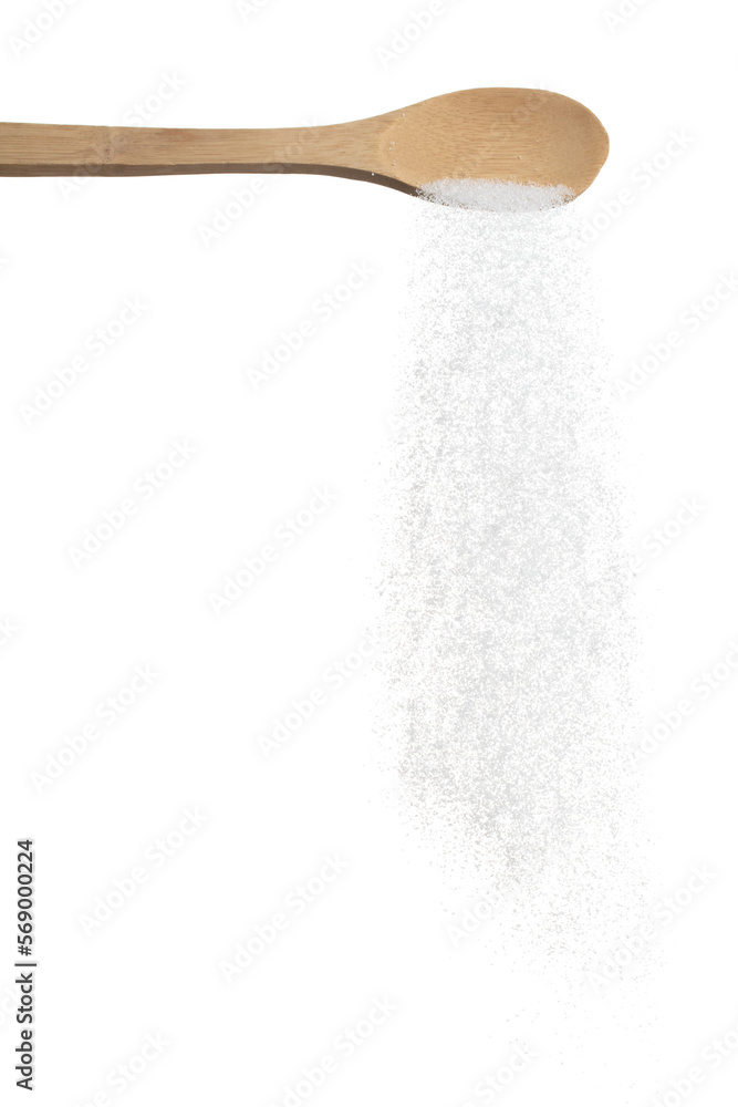 Pure refined Sugar in table spoon, white crystal sugar fall line down ...