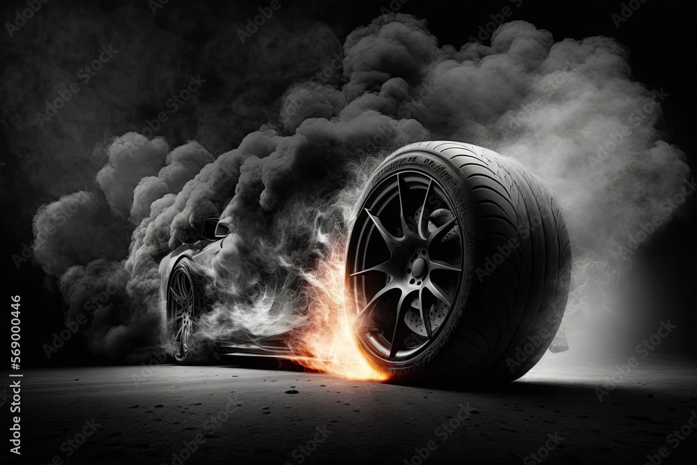 Car tires with a great profile on illuminates asphalt, smoke, wheel ...