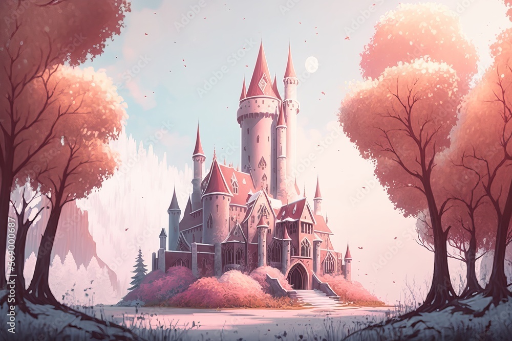 Fairytale castle in pastel colors, magical medieval kingdom. Generative ...