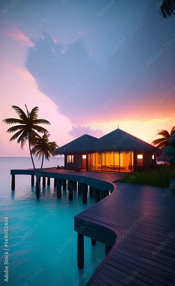 Maldives beach resort illustration. White sea, ocean, maldivian ...