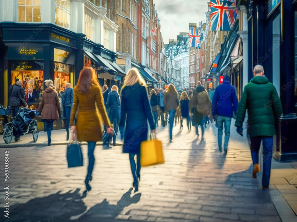British city shopping street scene with British flag colours- AI ...