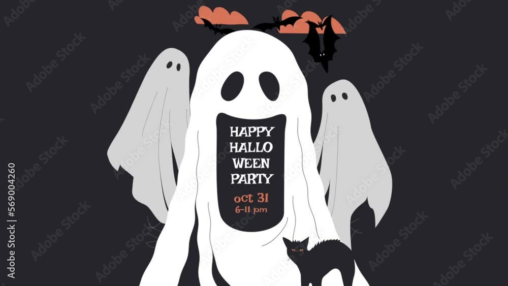 Halloween party invitation. Moving banner with creepy ghosts, angry ...
