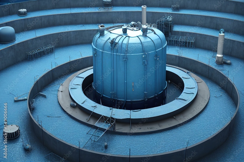 Water treatment tank with wastewater, aeration process in blue color ...