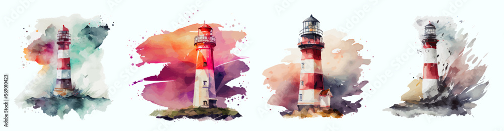 Colorful set of lighthouses in watercolor style isolated on white ...