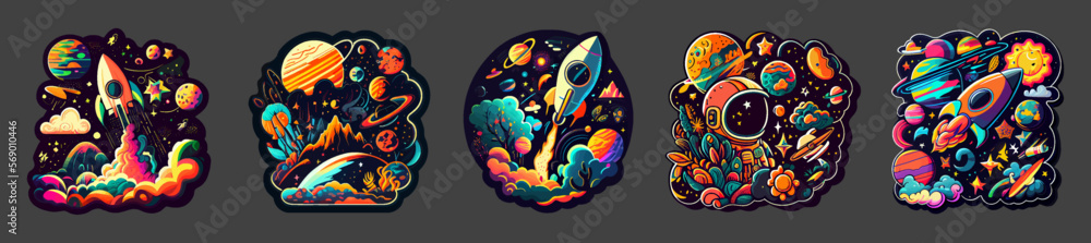 Cartoon psychedelic retro space sticker flat style on black background ...
