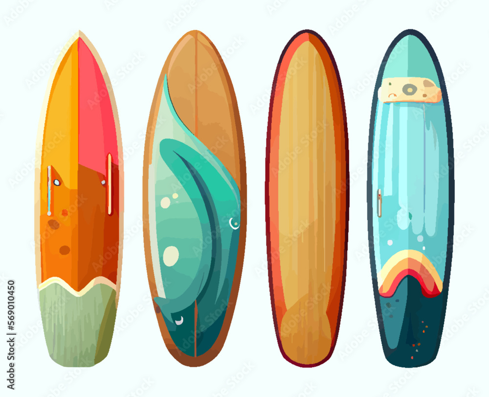 Cartoon Set of surfboards with various bright and unusual patterns ...