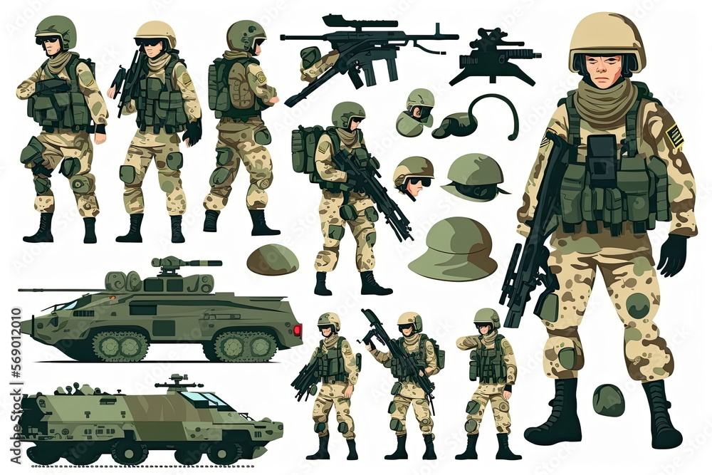 set of army action,cartoon soldier, white background, Made by AI ...