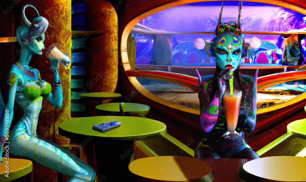 Alien ladies enjoying drinking cocktails in a bar on a planet in outer ...