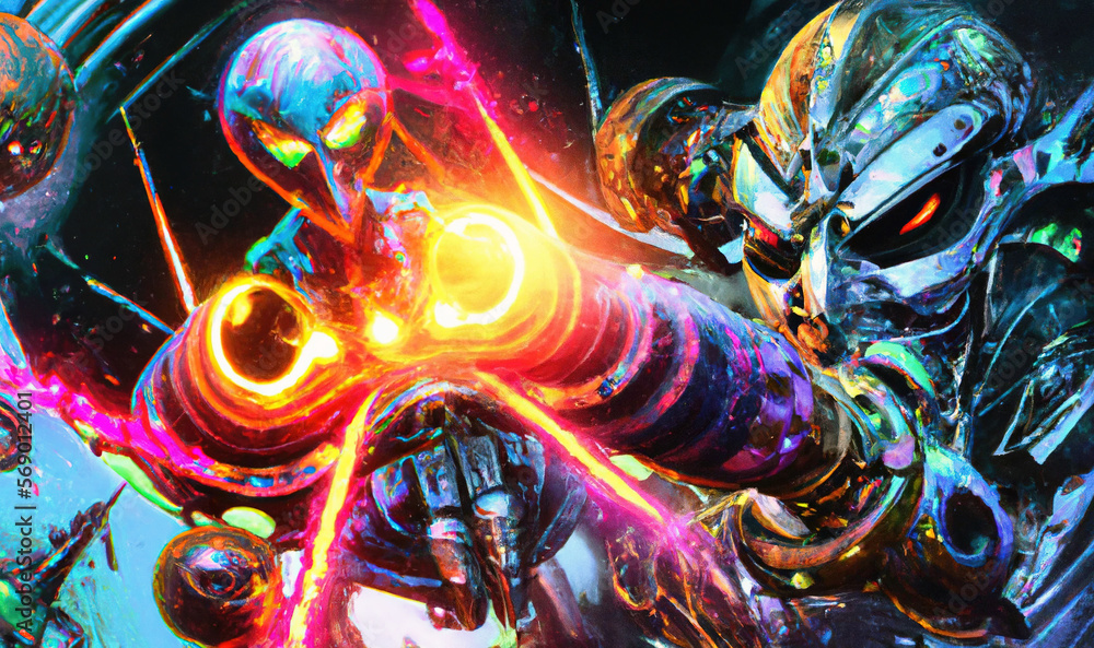 Alien creatures in a battle firing glowing taser weapons. Generative AI ...