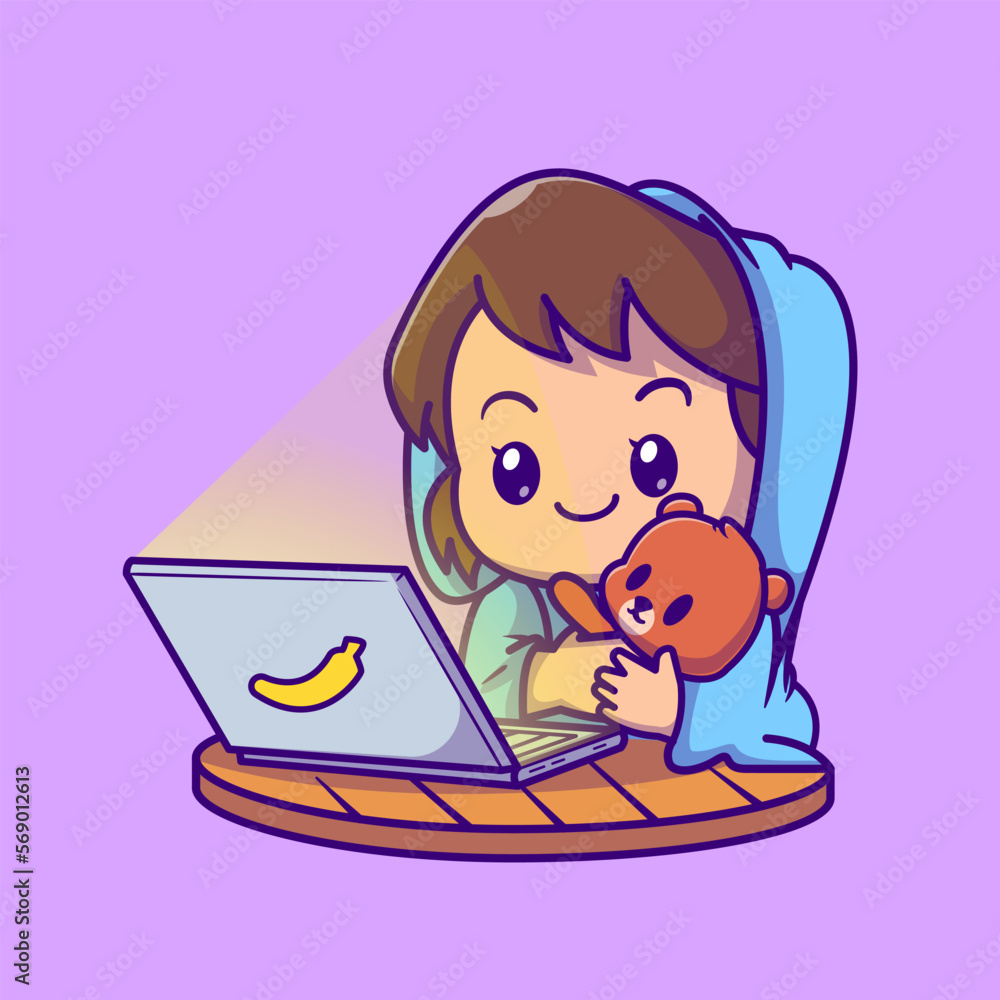Cute Girl Watching On Laptop With Doll Cartoon Vector Icon Illustration ...