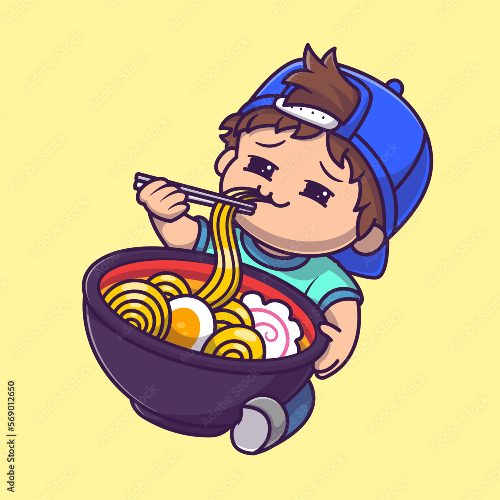 Cute Boy Eating Ramen Cartoon Vector Icon Illustration. People Food ...