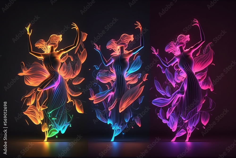 Bright colourful neon flowers with a human shape dancing against a dark ...