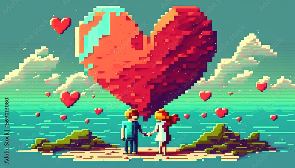 Pixel art of heart and couple with pastel color background. Love and ...