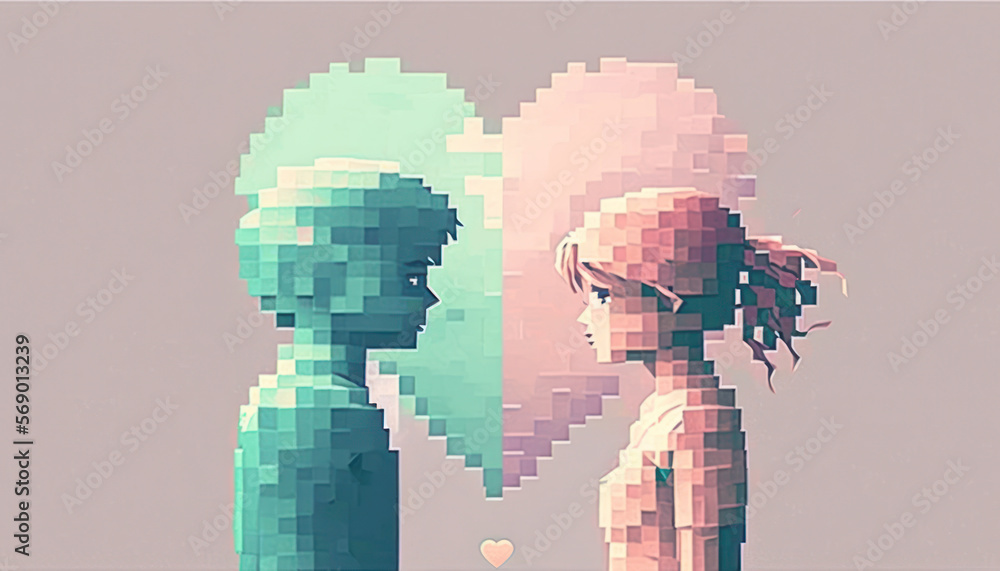 Pixel art of heart and couple with pastel color background. Love and ...