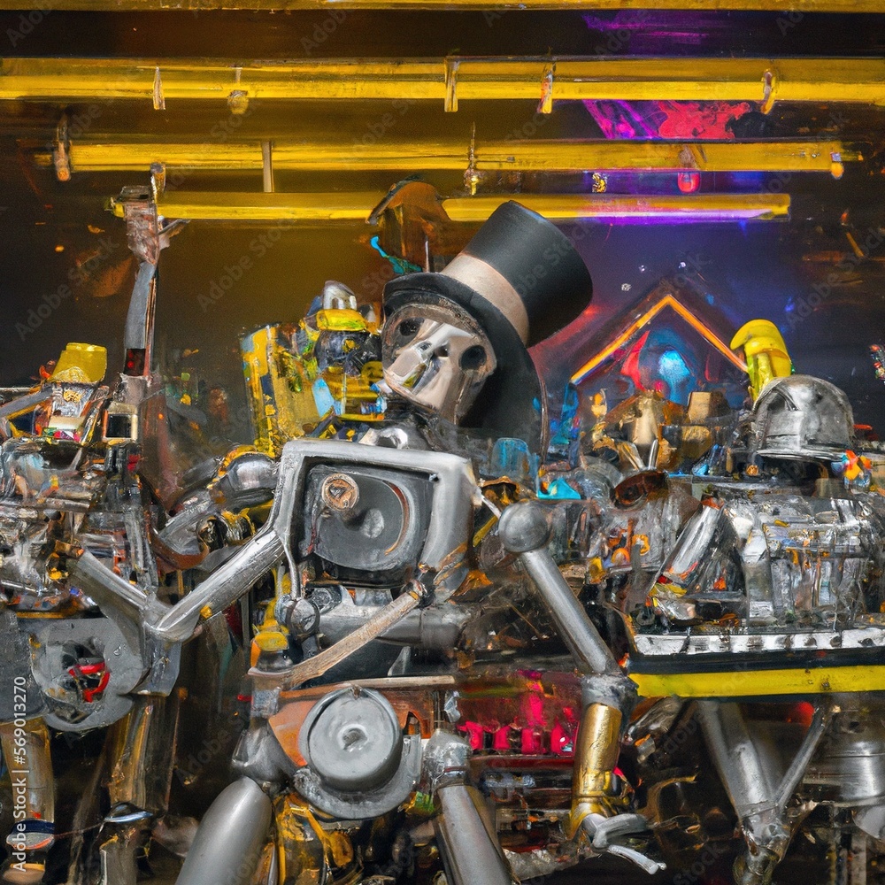 Robots dancing and playing music in a nightclub. Generative AI art painting illustration. Stock ...