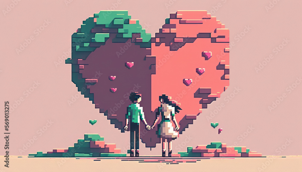 Pixel art of heart and couple with pastel color background. Love and valentine day concept ...