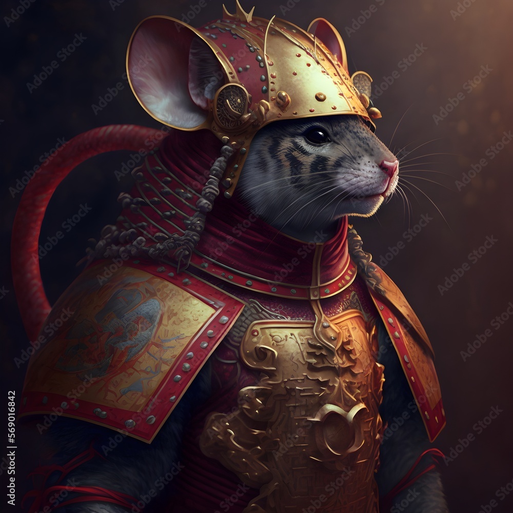 rat soldier in ancient chinese armor style red and gold armor fantasy ...