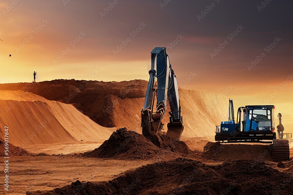 Excavator working on earthmoving at open pit mining on amazing sunset ...