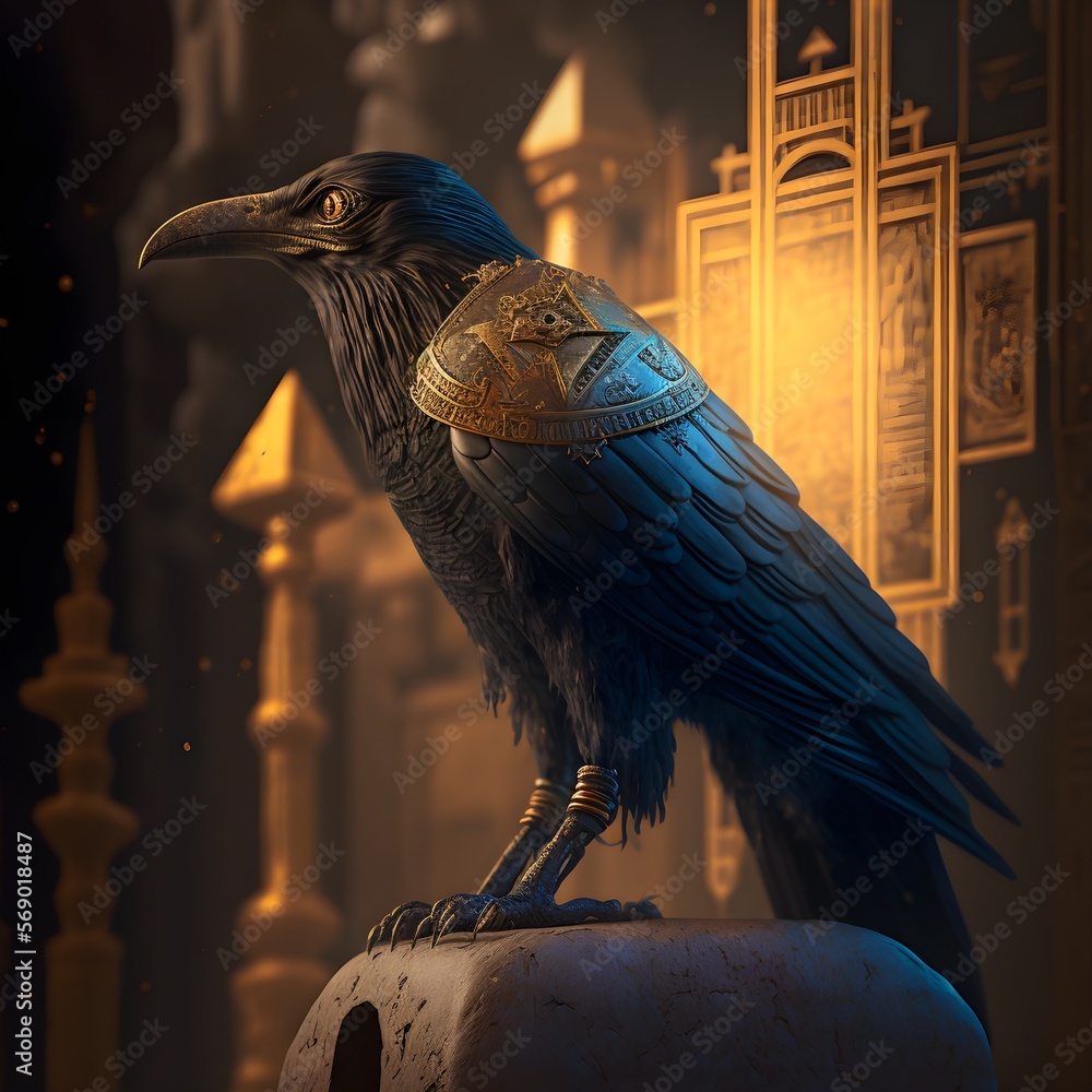 HighlyDetailed crow against a backdrop of mystical Egyptian symbols ...