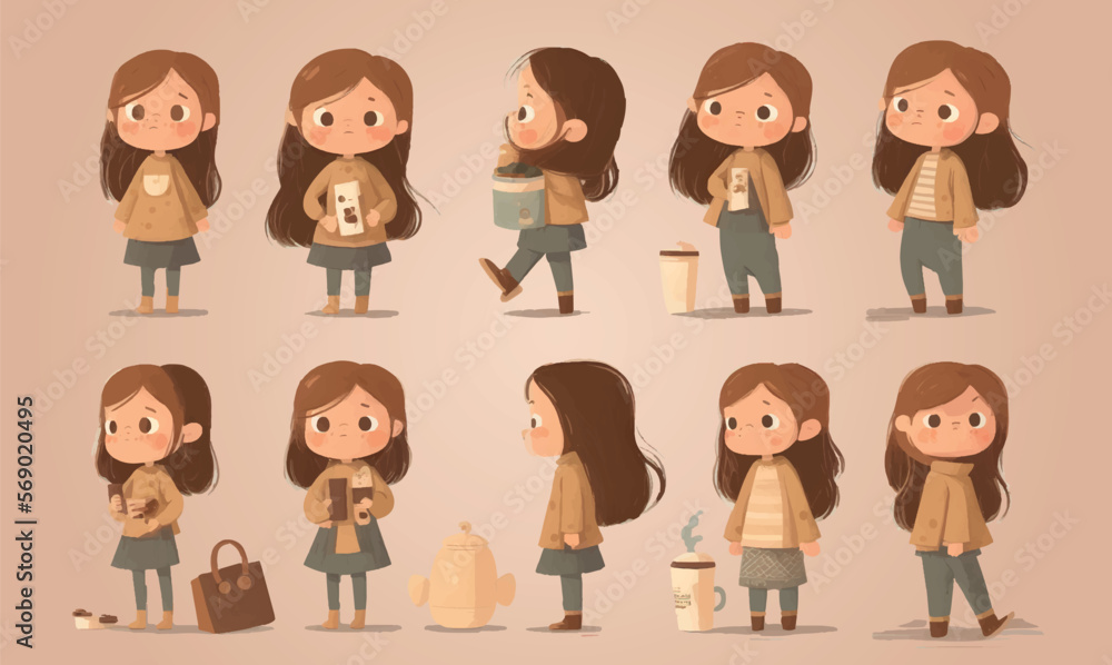 cute little girl character, multiple positions, flat vector minimalist ...