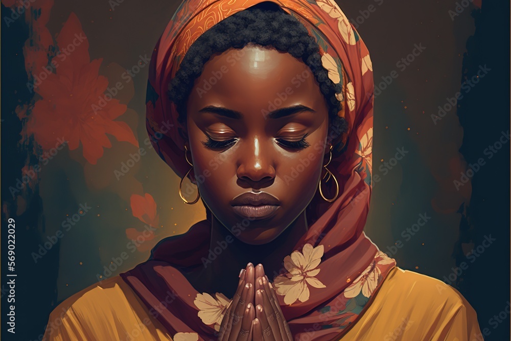 Black woman with traditional African clothes praying. Generative AI ...