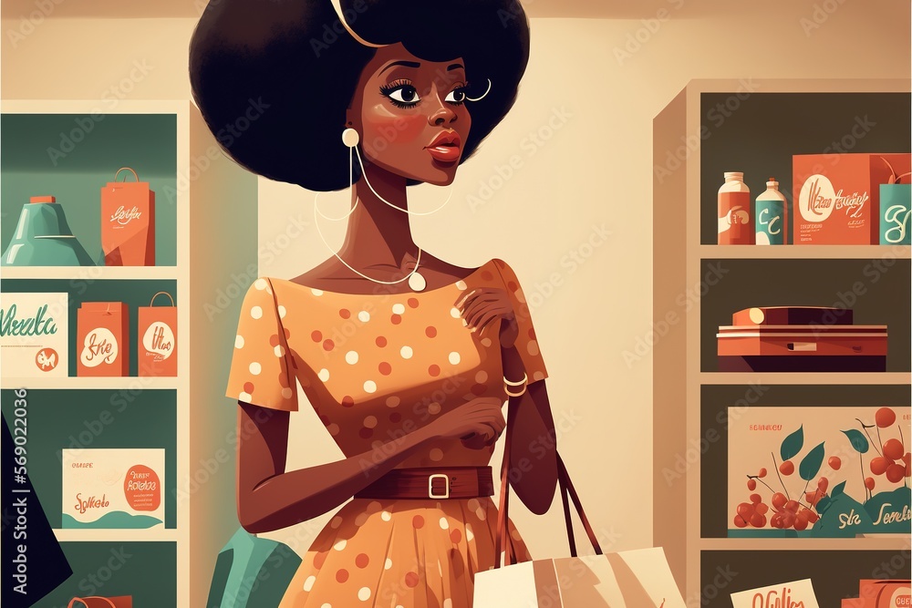 African American woman cartoon character shopping in the supermarket ...