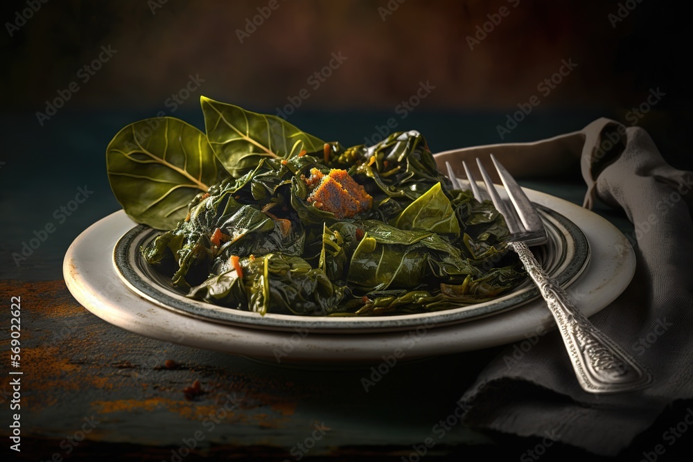 Gourmet photography of traditional African food of Collard greens soul ...