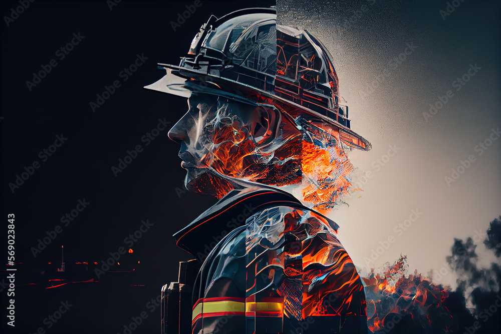 fictional character, Firefighter with helmet and uniform double ...