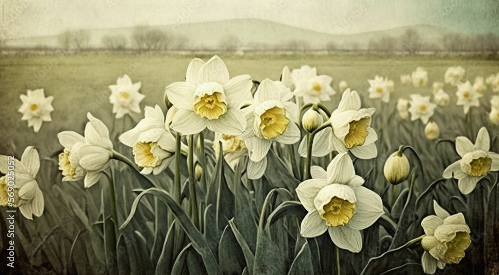 Vintage daffodil landscape illustration, mountain hill field background ...