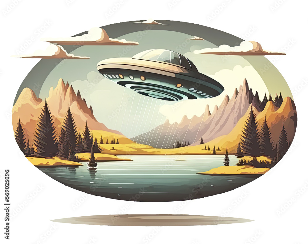 Cartoon style of a huge UFO spacecraft flying low over a mountain lake ...